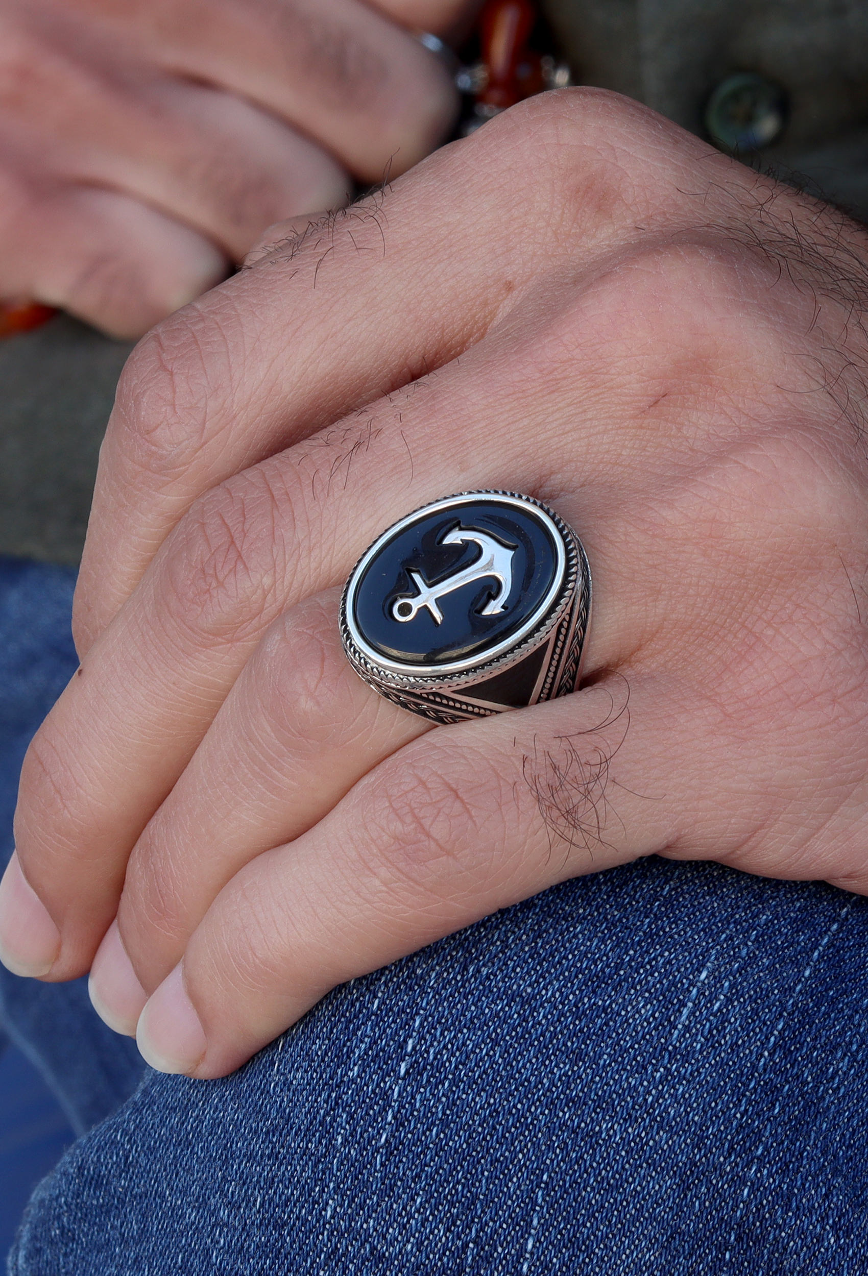 Oniks Taşlı Çapa Model Erkek Gümüş Yüzük 201021465