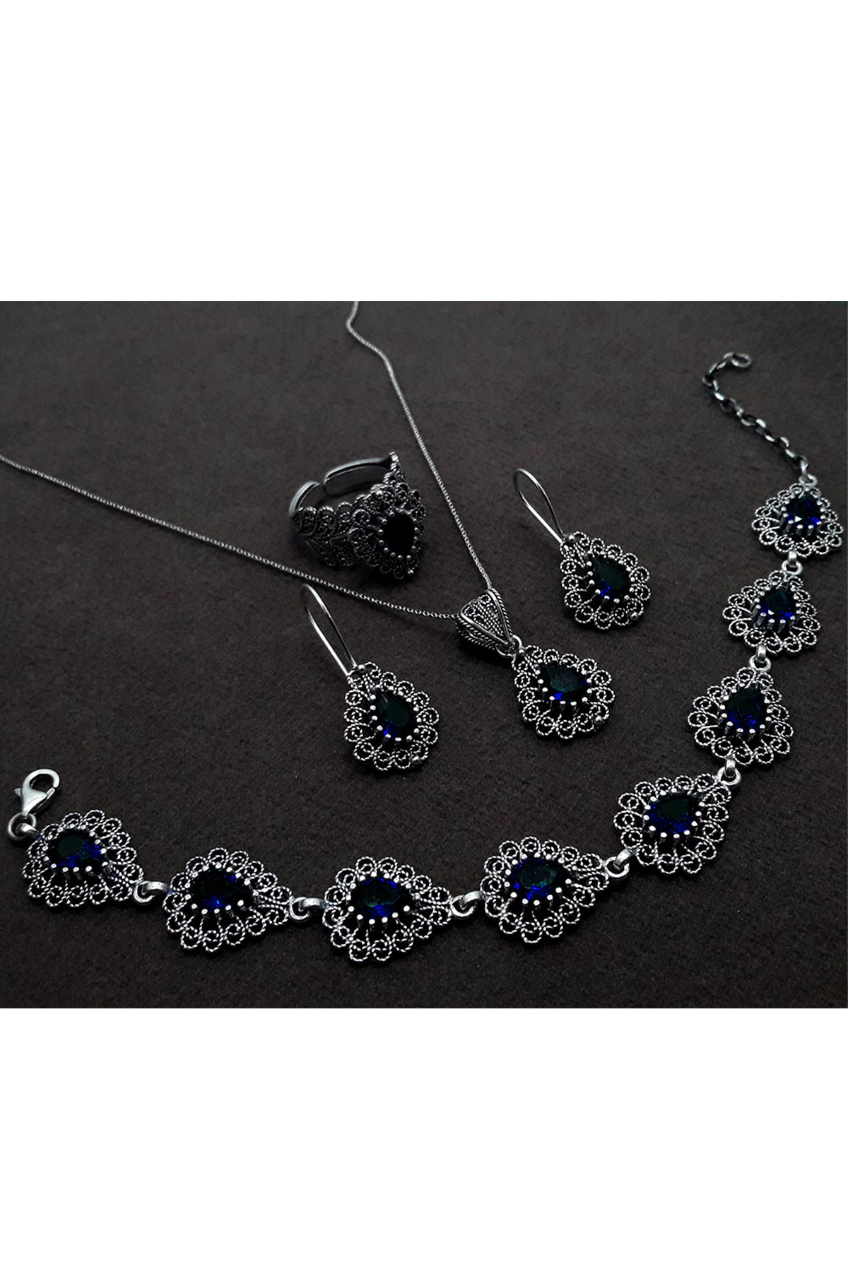Safir Taşlı Midyat Telkari El İşçiliği Gümüş Bayan Dörtlü Set