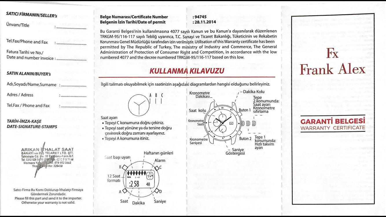 Frank Alex 2 Yıl Garantili Erkek Kol Saati