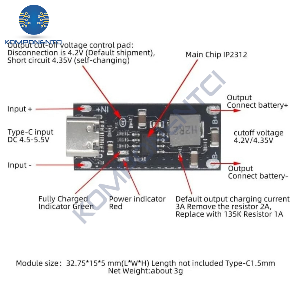 IP2312 Type-C 3A Lityum Batarya Hızlı Şarj Modülü | Komponentci