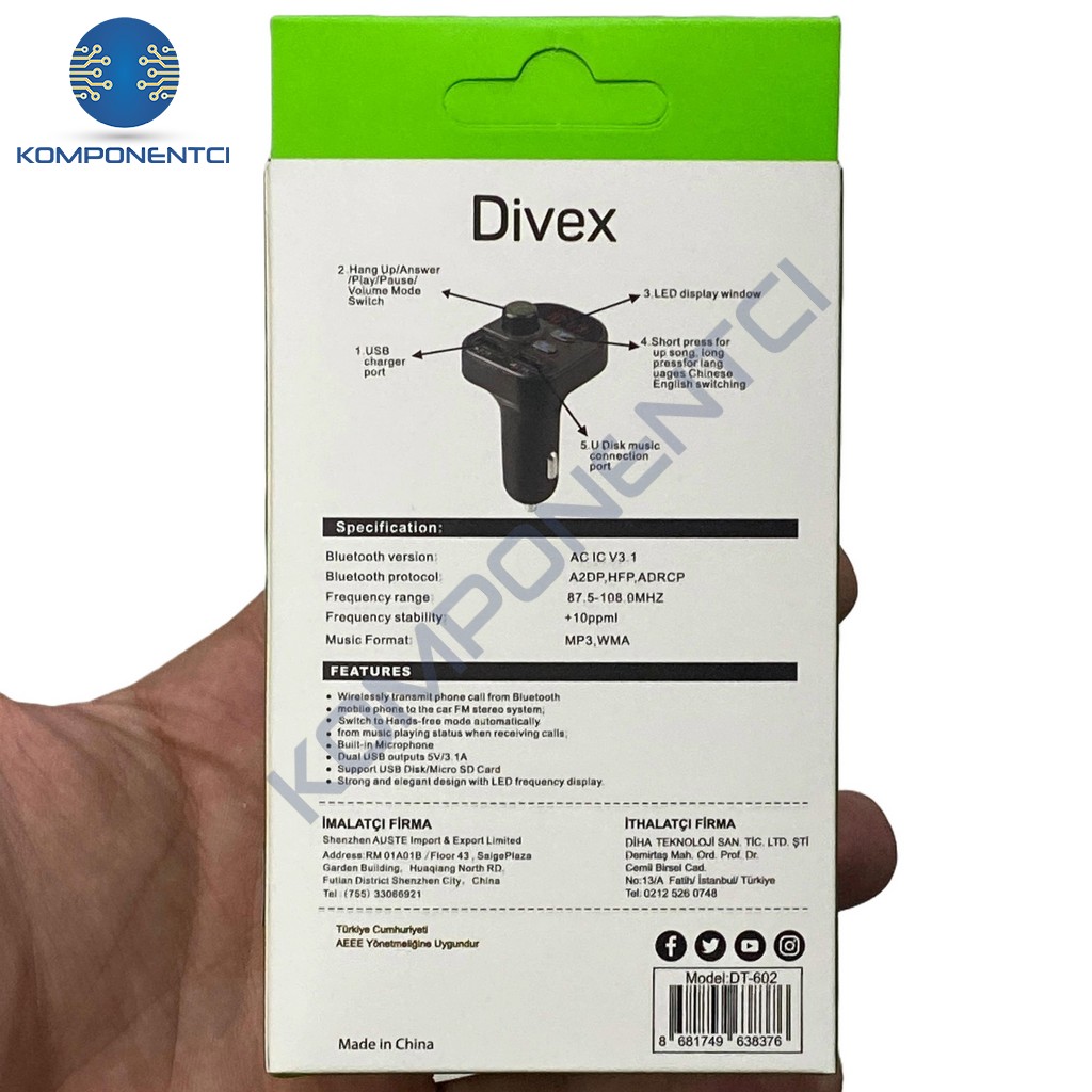 Divex Araç Fm Transmitter Bluetooth 2xUSB Mp3 Oynar Çakmaklık Girişli ...