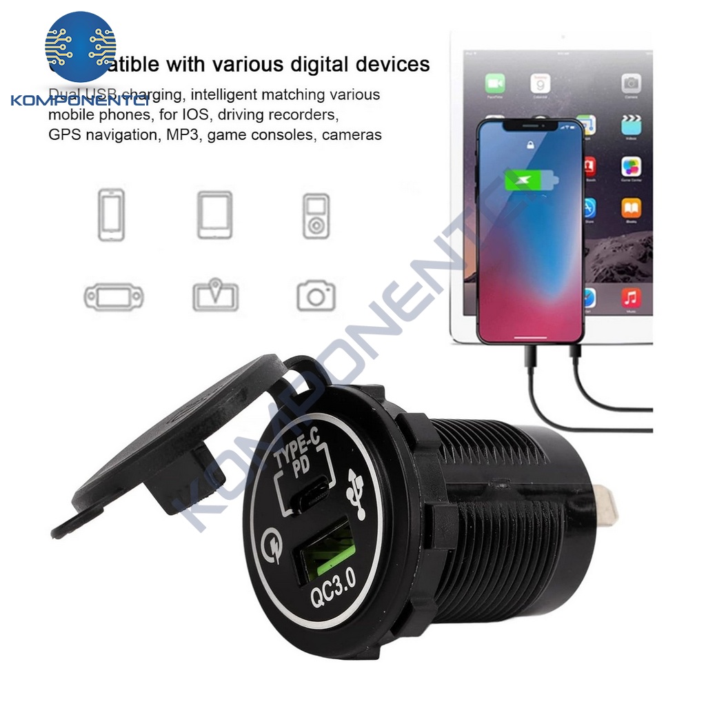 IC-266C-5 USB3.0 + Type-C Pano Tipi Çakmaklık Soketi 12-24V | Komponentci