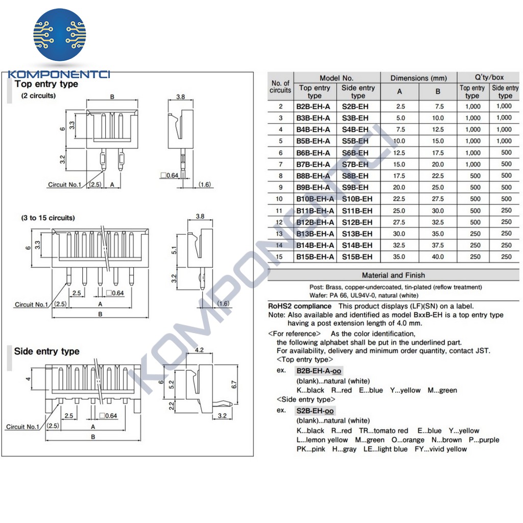 3 Pin JST-EH 2.5mm Düz Konnektör Erkek B3B-EH-A(LF)(SN) | Komponentci