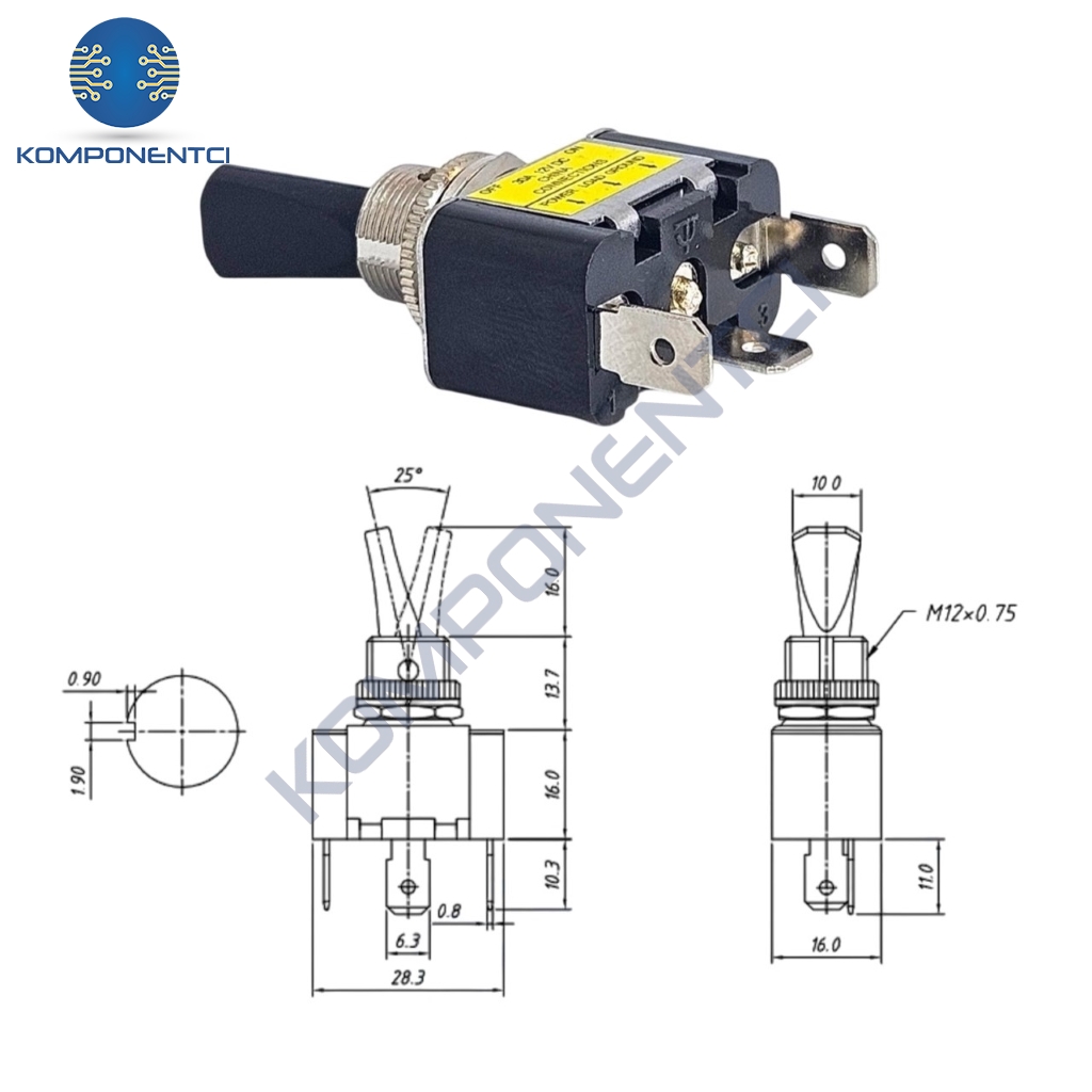 IC-151B Toggle Switch 12V 30A On-Off Işıklı ASW-07D-2 | Komponentci
