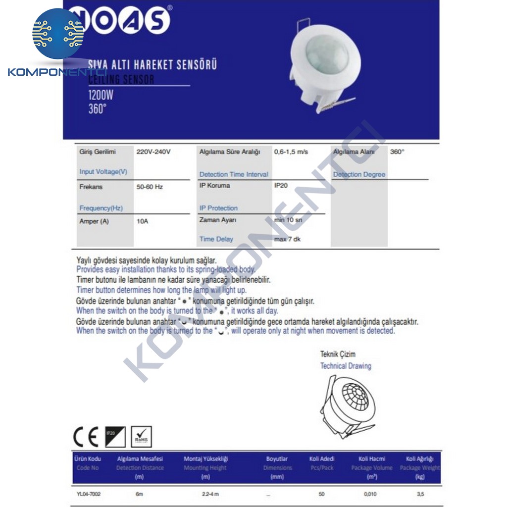 Noas Sıva Altı Hareket Sensörü 360° | Komponentci