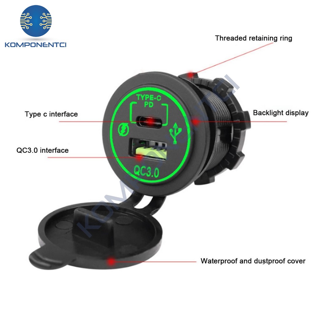 IC-266C-5 USB3.0 + Type-C Pano Tipi Çakmaklık Soketi 12-24V | Komponentci
