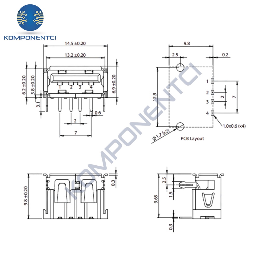 IC-265C USB Şase A Tip 90° Dişi Kısa | Komponentci