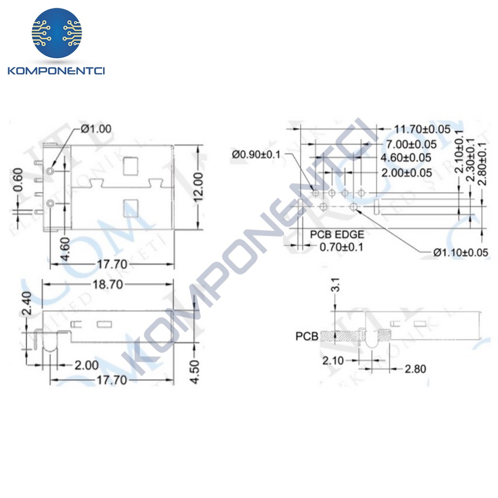 IC-264 USB Şase A Tip 90° Erkek Konnektör | Komponentci