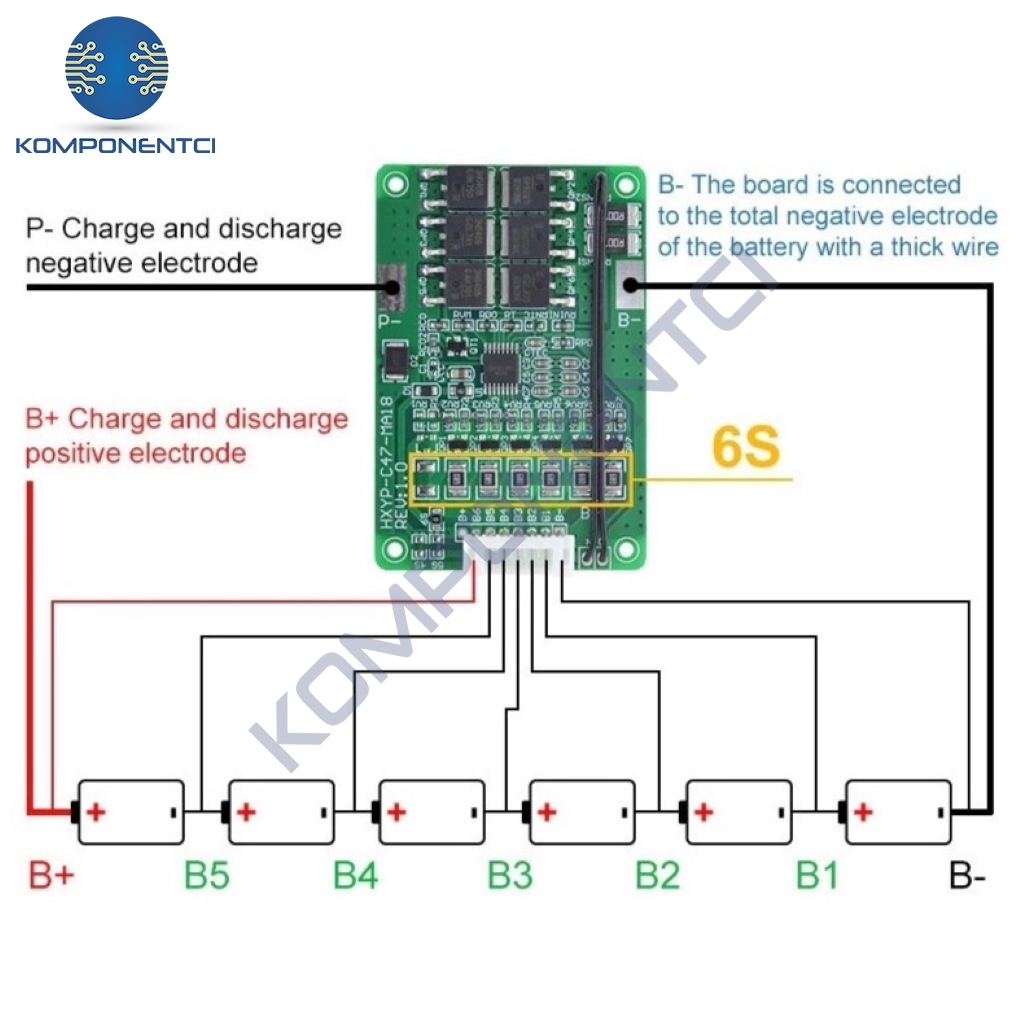 6S 20A BMS 25.2V 18650 Lityum Pil Şarj Koruma Devresi Termistörlü Kablolu Soketli | Komponentci