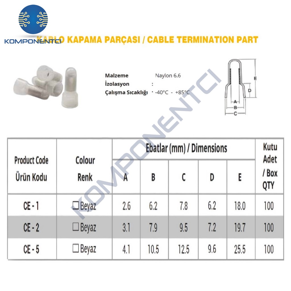 CE-1 0.5-1.5mm2 Kablo Ucu Kapama Terminali 100 Adet | Komponentci