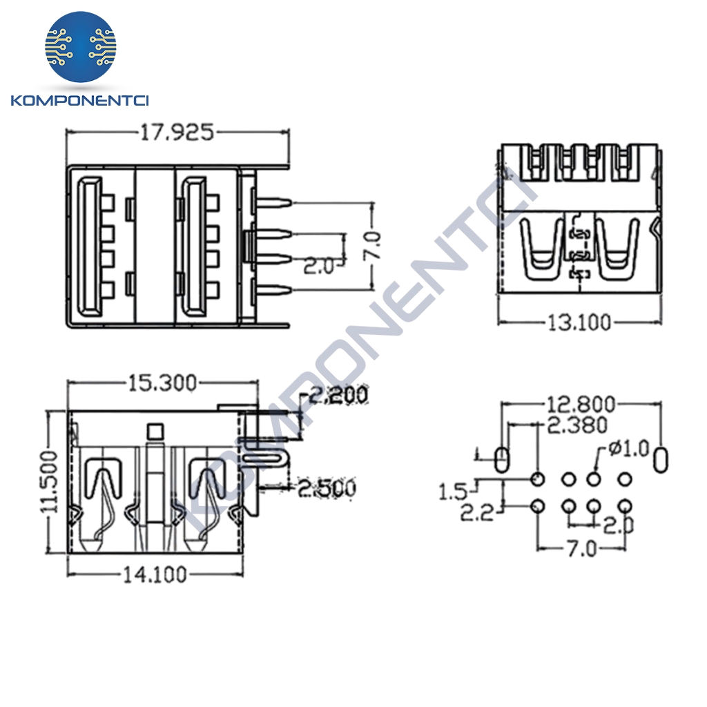 IC-265E USB İkili 2.0 Şase A Tip Dişi 90° Siyah | Komponentci