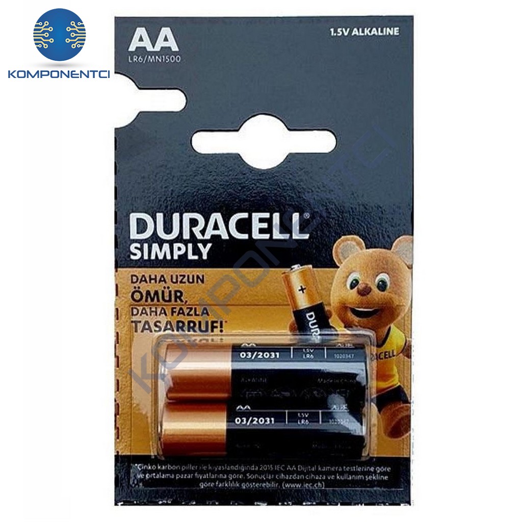 Duracell Simply 1.5V Alkaline AA Kalem Pil 2'li Paket | Komponentci