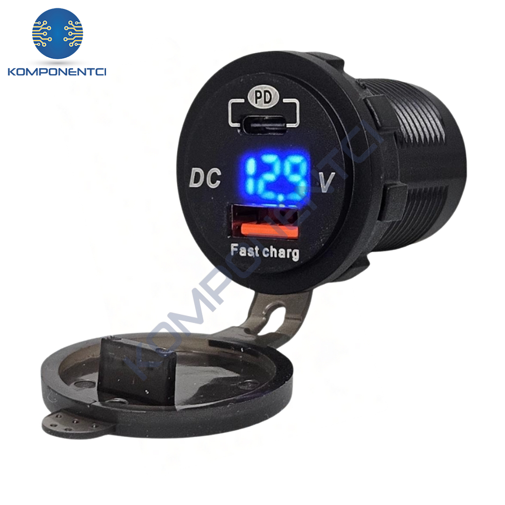 IC-266D-1 Pano Tip Soket Voltmetreli 2'li USB 3.0 + Type-C | Komponentci