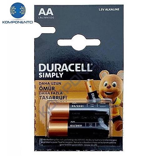 Duracell Simply 1.5V Alkaline AA Kalem Pil 2'li Paket | Komponentci