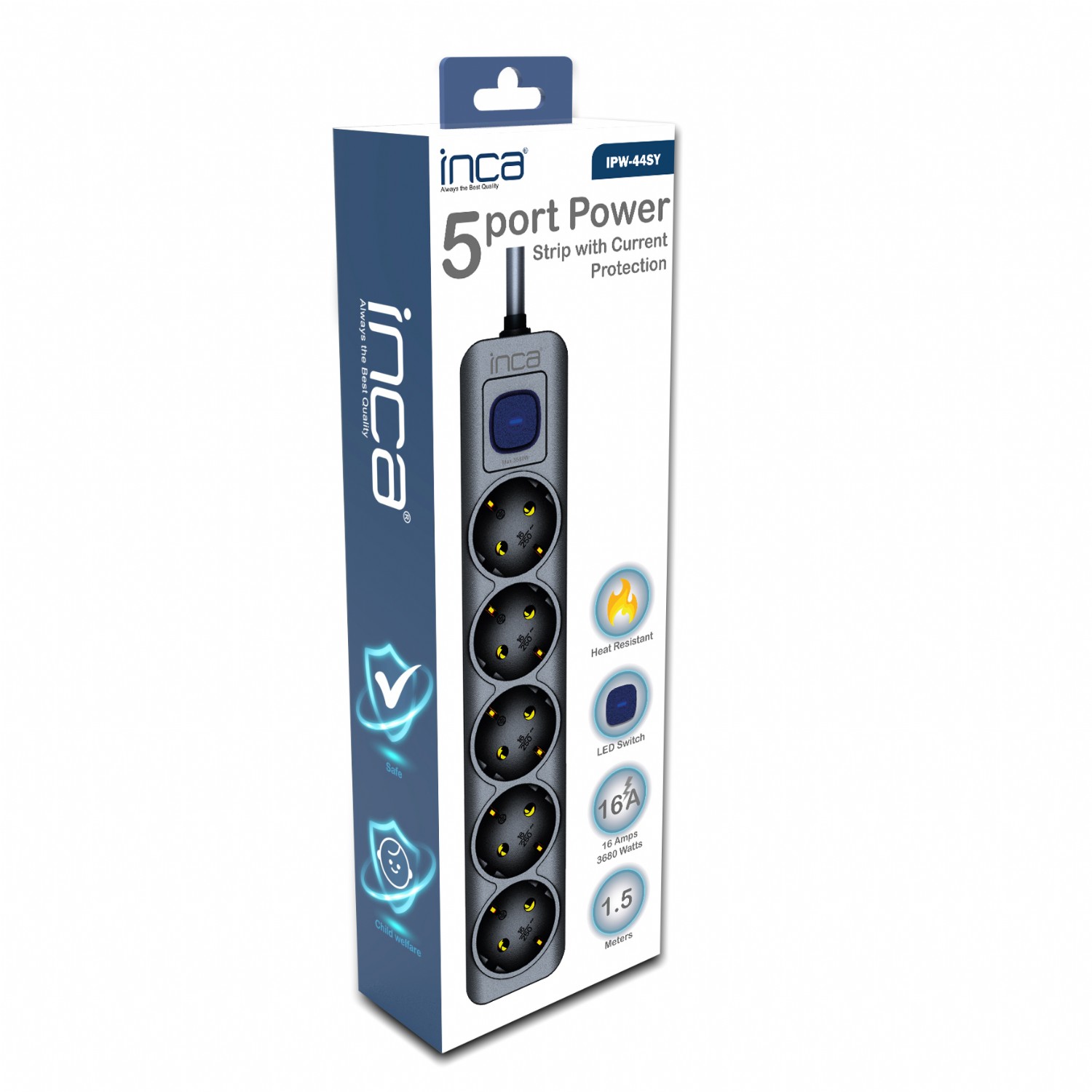 Inca IPW-44GB 1.5 Mt kablolu 5 li Akım Korumalı Led Tuşlu Siyah Priz >>INCA >>IPW-44SY >>Prizler