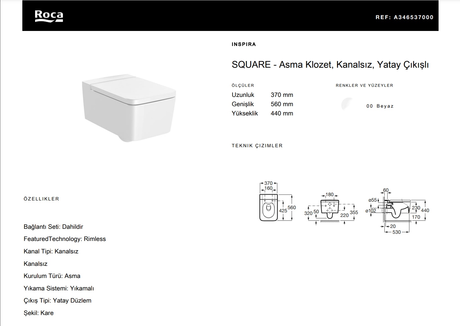 ROCA INSPIRA SQUARE - Asma Klozet Kanalsız, Yatay Çıkışlı A346537000 ...